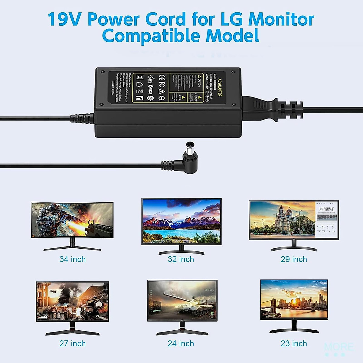 DC 19V Power Cord for LG Monitor 19" 20" 22" 23" 24" 27" 29" 32" 34", for LG Monitor PS236V, 24MP48HQ-P, IPS236-PN, E2750VR-SN, 27MP38VQ, 29UM55-P, 32MA68HY-P Widescreen Power Supply Cord