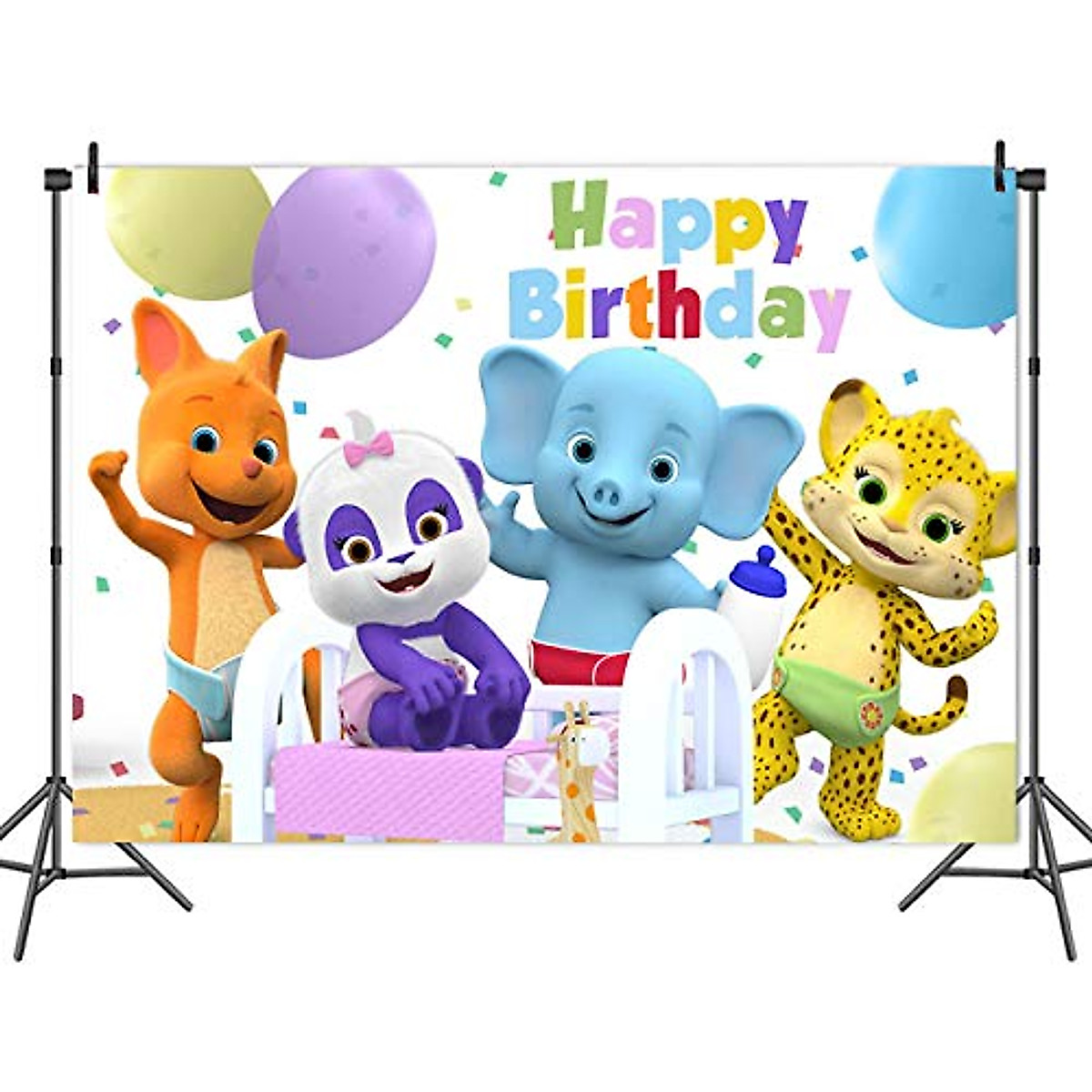 White Photo Background Balloon Confetti Cartoon Baby Animals Vinyl 7x5ft Word Party Photography Backdrop for Baby Kids Happy Birthday Party Banner Supply Photo Booth Candy Table Decorations