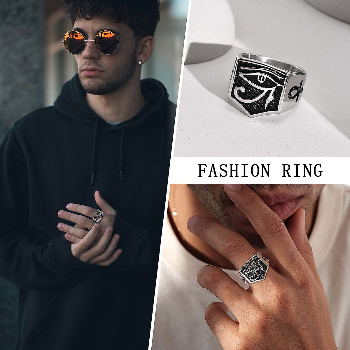 MPRAINBOW Egyptians Eyes of Horus Ring - Stainless Steel Ankh Cross Ring Size 8 to 12,Ancient Egyptians Symbol Wadjet Eye Ring Jewelry