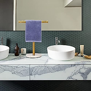Luxmay Towel Rack with Natural Marble Base T-Shape Hand Towel Holder Stand SUS304 Stainless Steel for Bathroom Vanity Countertop (Gold Brushed)