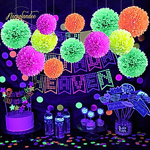 NICROLANDEE Blacklight Party Decorations - 12 PCS Fluorescent Neon Tissue Paper Pom Poms for Birthday, Wedding, Baby Shower, Glow-in-The-Dark Party, Neon Party, Prom Dance Party Photography