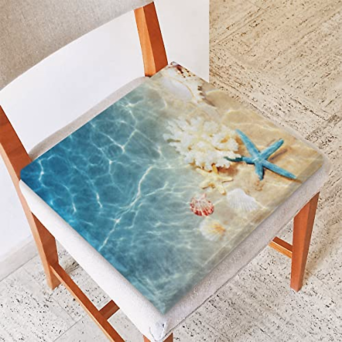 Beach Theme Starfish Coral Seashell Seat Cushion, Memory Foam Chair Cushion 16x16inch with Washable Cover Soft Indoor Seat Cushions Pillow Square Chair Pad for Dining Office Chair, Car, Patio