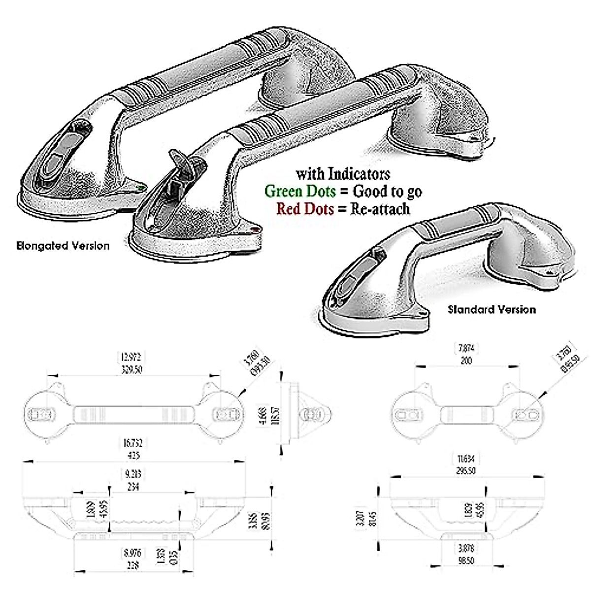 SAFETY+BEAUTY 16.5‘’ 2 Pack Suction Shower Grab Bar with Indicators, Balance Assist Bathroom Bathtub Handle, Silver/Grey