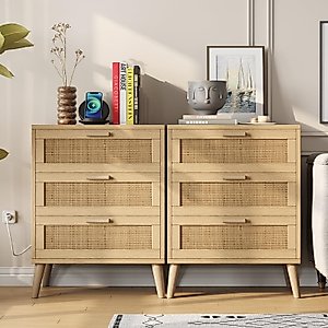 Irontar Set of 2 Rattan Nightstand with Charging Station, Night Stand with Rattan Decorated Drawers, Accent End Table, Bedside Table with Solid Wooden Legs for Bedroom, Natural BZZ006ME02