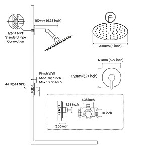 HUCKLE Shower Faucet Set with Shower Head, 8-Inch Black Shower Faucet with Valve, Single-Handle Rainfall Shower Head, Matte Black Shower Head for Bathroom