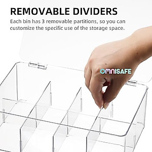 OMNISAFE Divided Clear Plastic Organizer Bin with Hinge Lid, 8 Sections Tea Bag Storage Box for Kitchen, Snacks, Spice Packets,Pouches, Stackable Storage Bin
