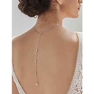 SWEETV Cubic Zirconia Wedding Bridal Backdrop Necklace for Brides, Crystal Dainty Back Necklace, Body Chain Jewelry for Women Prom, Silver