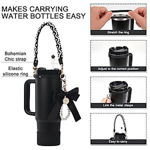 BELSITA Stanley Cup Accessories Set, Bow Pearl Chain Braided Design Water Bottle Handle Strap, Silicone Stanley Cup Boot, Stanley Charms for Stanley Cup 30/40oz Tumble (Black)