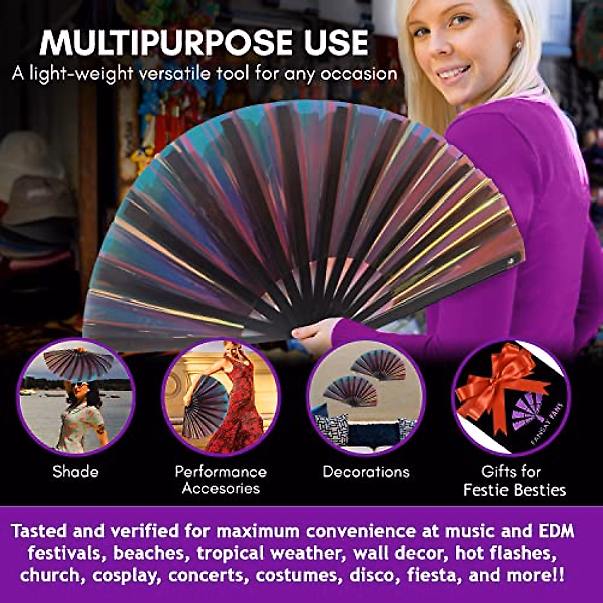 Fansay Fans - Large Iridescent Folding Hand Fan for Women/Men- Big Folding Fan W/Carrying Case - Festival Clothing, Rave Accessories (Bustling Black)