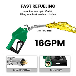3/4" NPT Automatic Fuel Nozzle with Hook, Gas Pump Handle Fuel Nozzle with 3-speed Padlock (9-16 GPM) for Gasoline, Diesel, Biodiesel up to B20, E15 & Kerosene