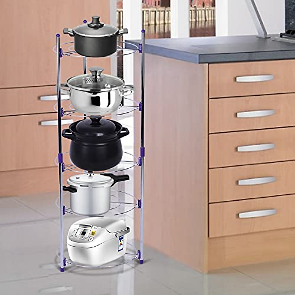 5 Tiers Pot Shelf, 101.5 x 35cm Silver Carbon Steel Home Kitchen Metal Wire Shelving Organizer Storage Rack Cookware Holder