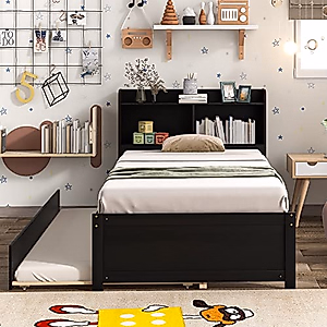 ERDAYE Twin Size Platform Bed Sets with Pull Out Trundle & Bookcase, Solid Wood Bedframe with Storage Shelves for Boys and Girls Bedroom Furniture Daybed, Space Saving Design, Espresso