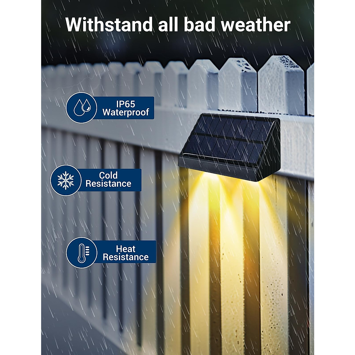 Solar Powered Fence Lights Outdoor Wall Mount LED Decorative Waterproof Yard Lamps for Outside Stair, Rail, Deck, Backyard, House Patio, Pool, Design for Long-Lasting Dusk to Dawn, Warm White 4 Pack