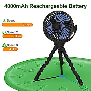 TRELC Mini Handheld Personal Fan, Portable Stroller Baby Fan, 4000mAh Battery Powered Clip-on Desk Fan with Flexible Tripod, 360° Rotatable USB Fan for Outdoor Tent Beach Treadmill Car Seat (Black)