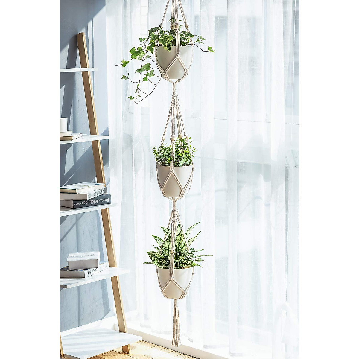 Mkono Macrame Plant Hanger 3 Tier Indoor Outdoor Hanging Planter Basket Cotton Rope with Beads 70 Inches