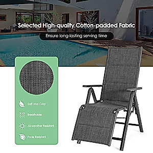 Tangkula Outdoor Reclining Lounge Chair, Patio Padded Folding Chair W/7 Adjustable Positions, Sturdy Aluminum Frame, Portable Chaise Lounge Chair W/High Backrest, Ideal for Indoor & Outdoor (1, Grey)