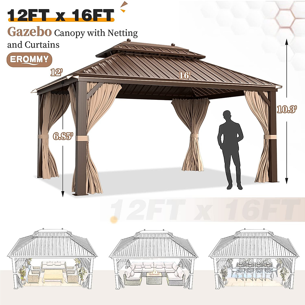 EROMMY 12'x16' Hardtop Gazebo Galvanized Steel Outdoor Aluminum Double Roof Canopy with Netting and Shaded Curtains Permanent Metal Pavilion for Patio, Backyard and Deck