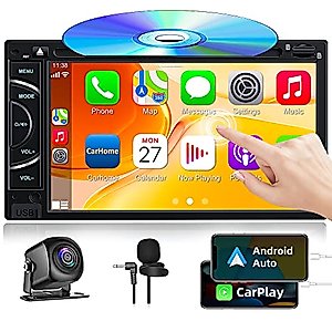 Double Din Car Stereo Radio with CD/DVD Player, Backup Camera, Bluetooth 5.2, CarPlay Android Auto Voice Control, 7inch Touchscreen Head Unite with AM FM Radio, Mirror Link, DSP, SWC, A/V Input
