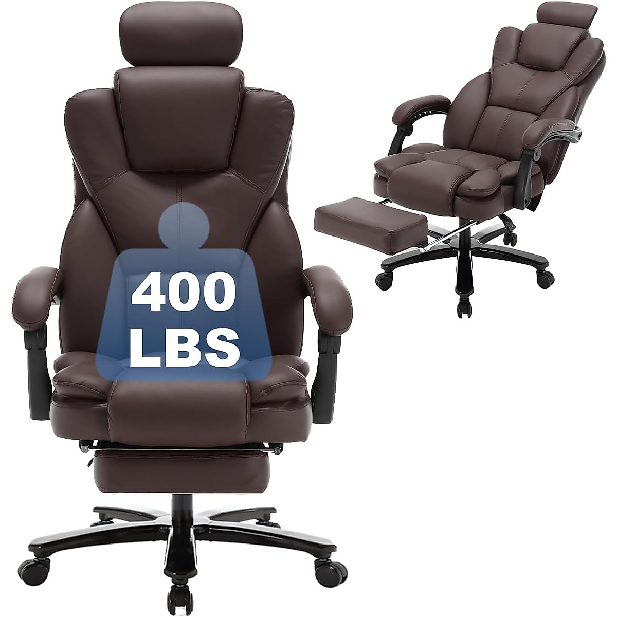Big and Tall Reclining Office Chair with Footrest 400lbs, PU Leather Executive Office Chairs for Heavy People, High Back Home Office Desk Chair, Ergonomic Managerial Chairs with Wheels (Brown)