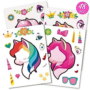 Mocoosy 48PCS Unicorn Stickers for Girls Age 4-6, Unicorn Party Favors Art Crafts for Toddlers 3-5, Make Your Own Face Stickers Birthday Game Activities, Goodie Bag Stuffers Kids Valentine's Day Gifts