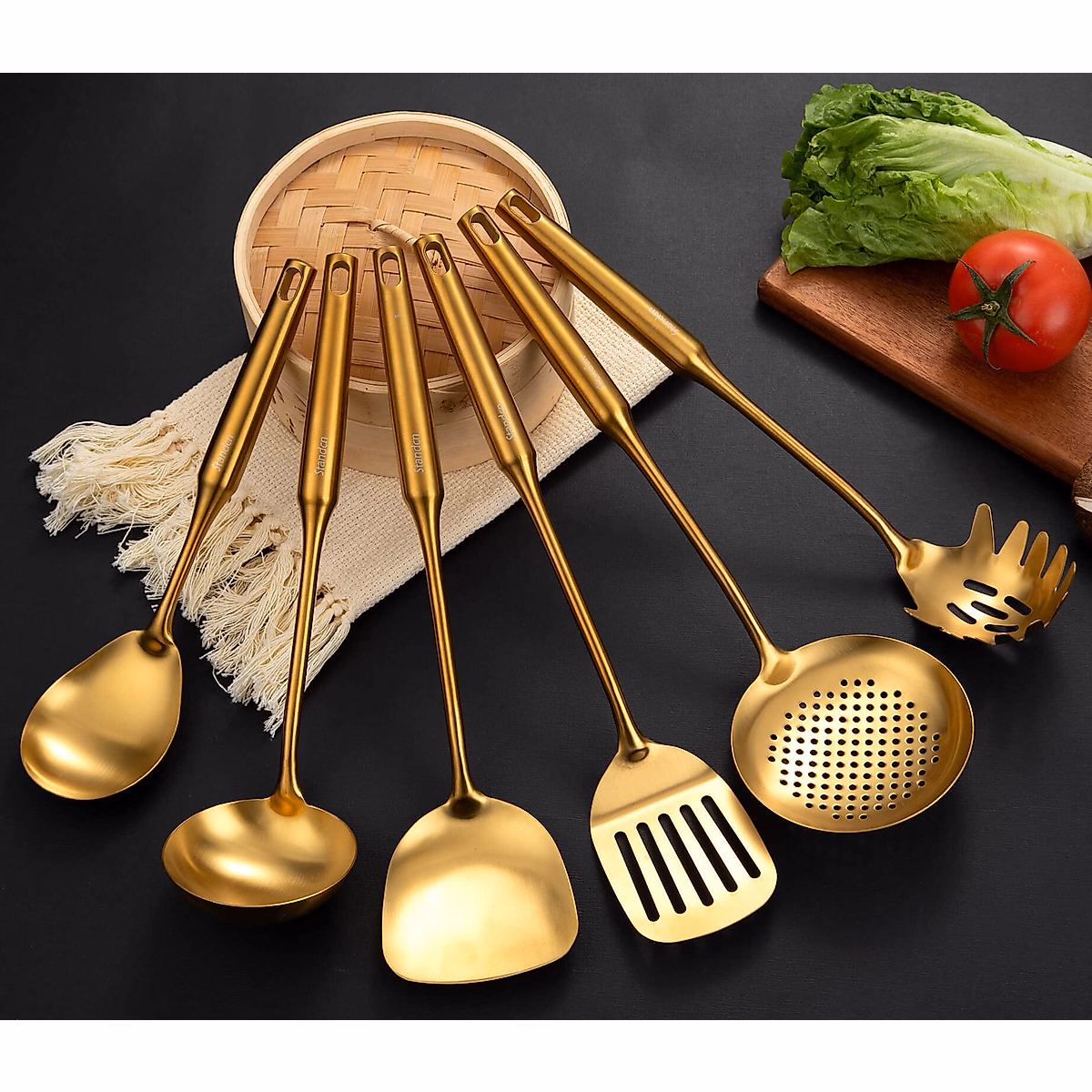 Gold Kitchen Utensils Set, Standcn 9 PCS 304 Stainless Steel All Metal Cooking Tools with Meat Fork, Solid Spoon, Slotted Spoon, Spatula, Ladle, Skimmer, Slotted Spatula, Spaghetti Server, Large Spoon