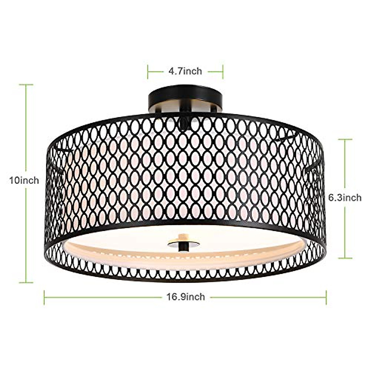 Ludil 17" Semi Flush Mount Ceiling Light Fixture, Modern 3-Light Black Durm Close to Ceiling Lighting with Metal Mesh Cage & Bottom Reflective Glass for Living Room Bedroom Kitchen Hallway Entryway