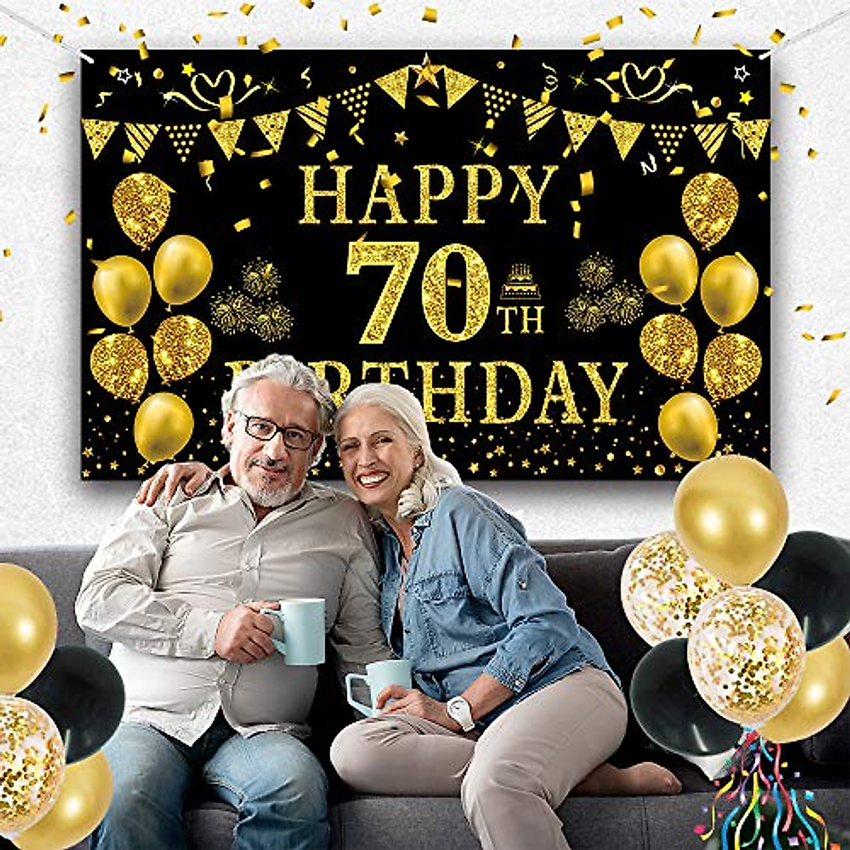 Trgowaul 70th Birthday Backdrop Gold and Black 5.9 X 3.6 Fts Happy Birthday Party Decorations Banner for Women Men Photography Supplies Background Happy Birthday Decoration