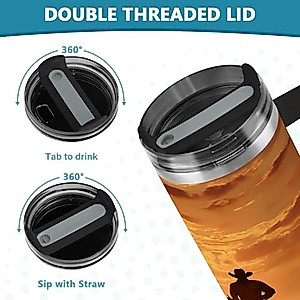 Flradish 30oz Tumbler with Handle, Desert Troops Cowboy under Sunset Stainless Steel Tumbler with Lid and Straws Double Wall Vacuum Insulated Leakproof Coffee Travel Mug