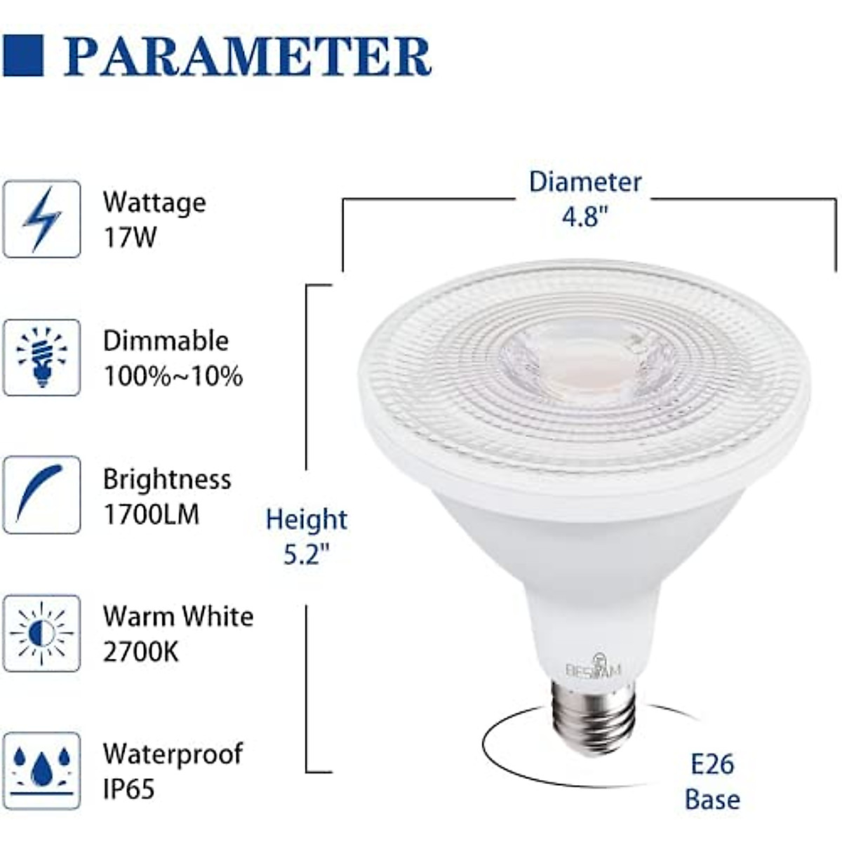 BESLAM PAR38 17W LED Flood Light Bulbs, E26 Base, 150W Equivalent, 2700K Warm White Spotlight, 1700lm, 25° Beam Angle, UL Listed, Dimmable 2-Pack for Patio Landscape