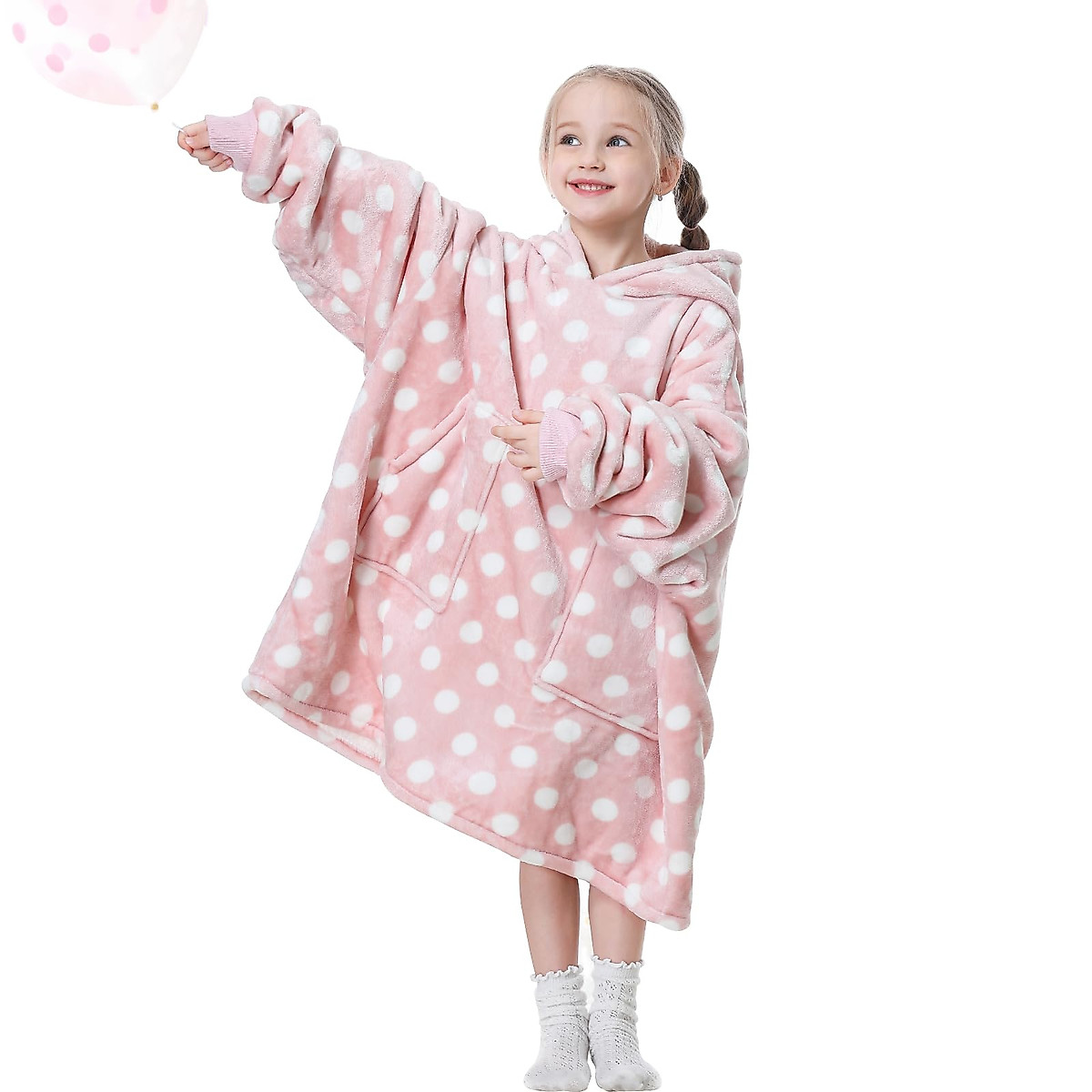 Aemicion Kids Blanket Hoodie,Oversized Wearable Blanket,Cozy Sherpa Sweatshirt Blanket,Gifts for Kids-Pink Polka Dot
