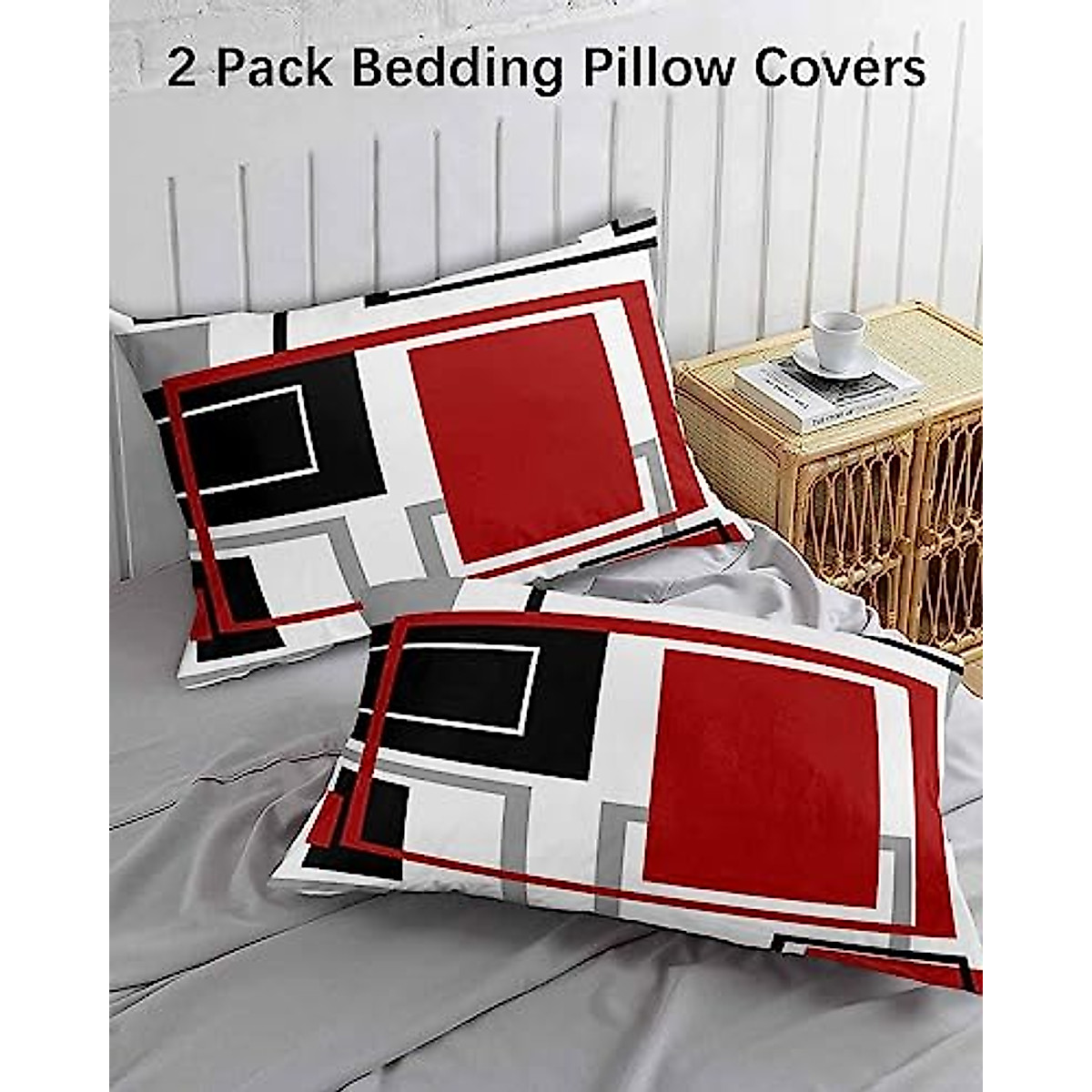 Edwiinsa Red Gray Black Geometric Pillow Covers King Standard Set of 2 20x36 Bed Pillow, Modern Abstract Art Aesthetics Plush Soft Comfort for Hair/Skin Cooling Pillowcases with Envelop Closure