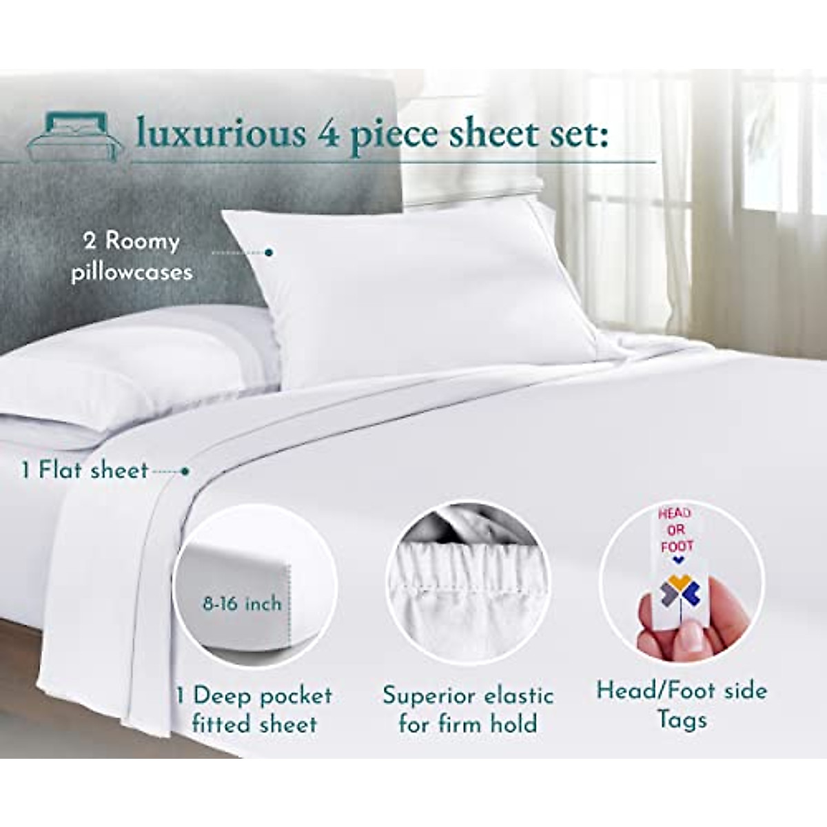 California Design Den Luxury Sheets 1000 Thread Count 100% Cotton Sheets, Very Smooth Soft & Thick with Deep Pockets Vs. Egyptian Cotton Sheets, 4 Pc Set (Queen, Bright White)