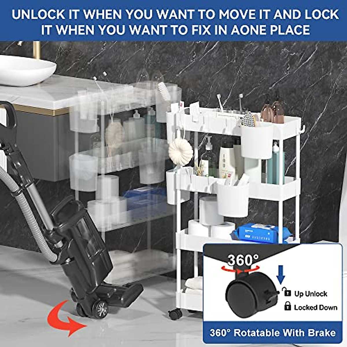 VANDHOME 4-Tier Slim Storage Utility Rolling Cart with Wheels Multifunction Organizer Slide Out Trolley Cart for Kitchen Bathroom Narrow Places with Hanging Cups Dividers - White