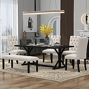 Goohome 6-Piece Farmhouse Kitchen Dining Set, Mid-Century Wood Rectangular Table, 4 Flannelette Upholstered Chairs and Bench Family Furniture, for Home, Apartment, Espresso