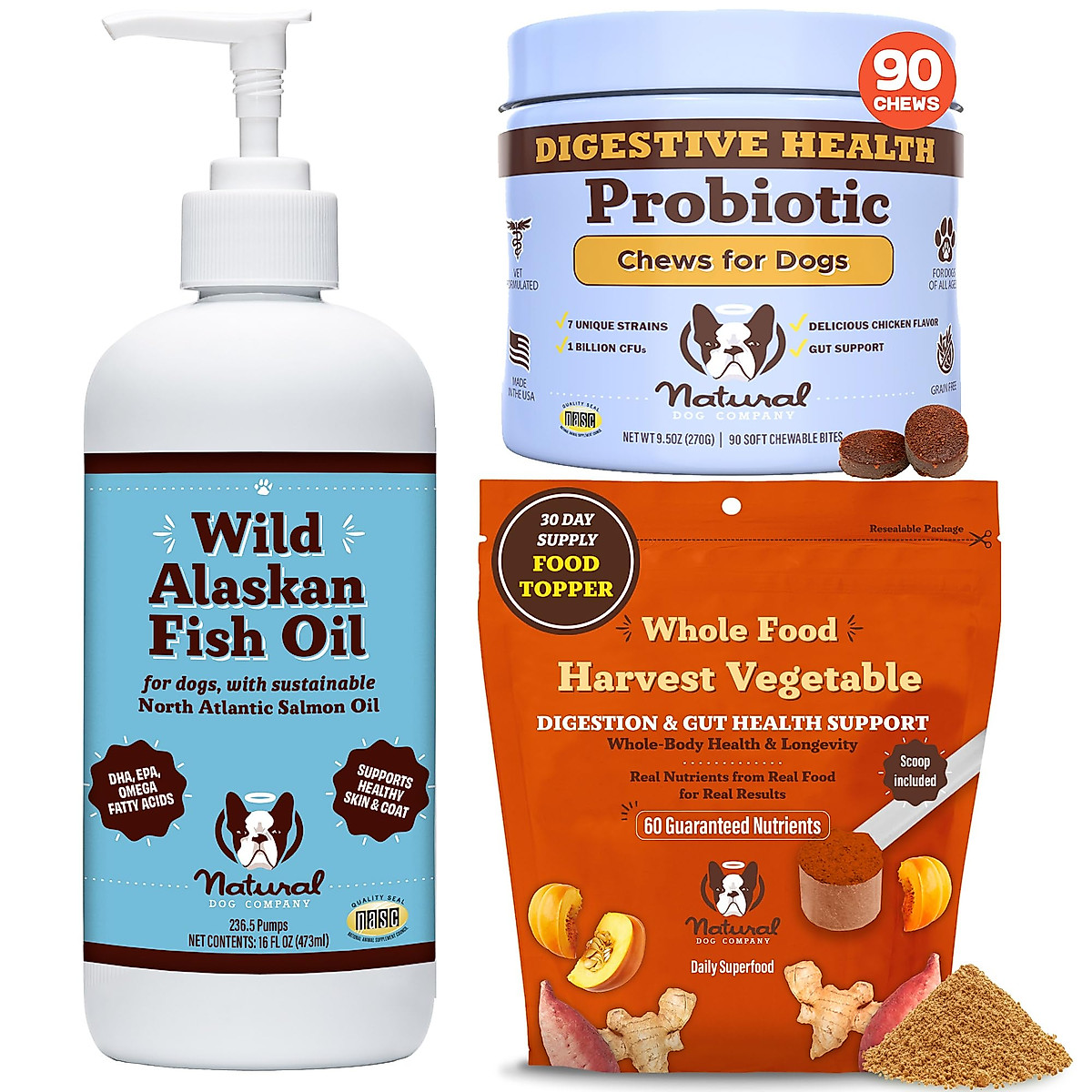 Natural Dog Company Digestive Health Bundle with Probiotics, Omega-3 Fish Oil & Fiber-Rich Superfood Granules for Gut Health, Immune Support, and Healthy Coat - All-Natural Ingredients for Dogs
