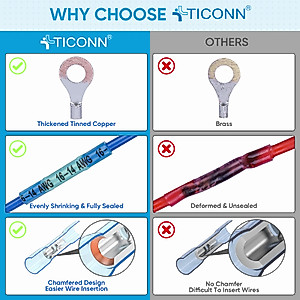 TICONN 250Pcs Heat Shrink Wire Connectors, Waterproof Automotive Marine Electrical Terminals Kit, Crimp Connector Assortment, Ring Fork Spade Splices