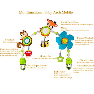 Baby Stroller Arch Mobile, Adjustable Musical Cirb Mobile Toys with Universal Clamps, Versatile Activity Toy Bar for Baby Bouncer Infant Car Seat Toys Stroller Toys Mobile for Bassinet Crib - Orange