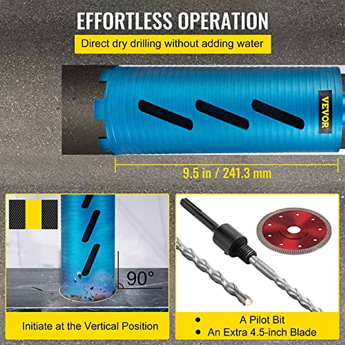 VEVOR Core Drill Bit, 4" /101.6 mm Diameter 5/8"-11 Shank Arbor with a Pilot Bit & 4.5" Blade, 9.5" /241.3mm Depth Diamond Dry Coring Bore Tool, Masonry Hole Saw Bits for Hard Concrete Brick and Block