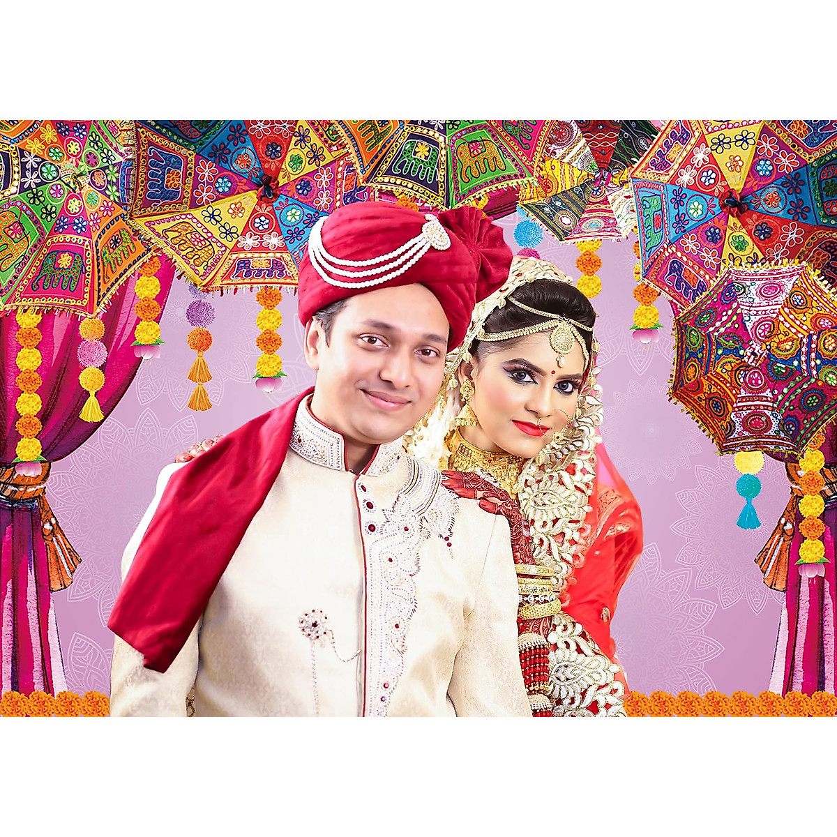 Indian Traditional Backdrop 7x5FT Purple Curtain Boho Flowers Umbrella Background for Wedding Birthday Bridal Shower Party Decoration Couples Trip Photo Booth Props