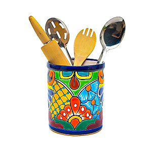 Enchanted Talavera Ceramic Large Utensil Holder Spatula Crock Kitchen Counter Organizer Mexican Pottery Utensils Tools Caddy Spoon Rest White Ceramic (Cobalt Large (7.5" H x 6" W)