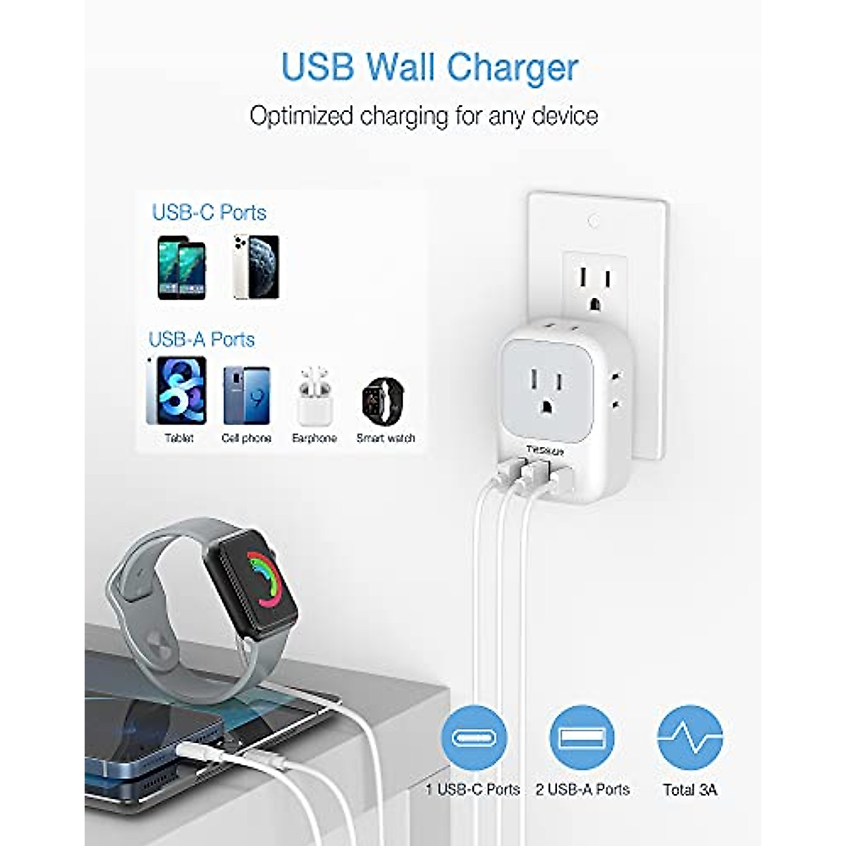 USB Wall Charger, USB Plug Adapter Outlet Extender, TESSAN 3 USB Hub (1 USB C Port), Multi Charging Station for Cruise, Bathroom, Office, Dorm Essentials