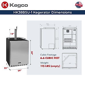 Kegco Kegerator 24" Wide Single Tap Black/Stainless Steel Undercounter Beer Dispenser HK38BSU-1