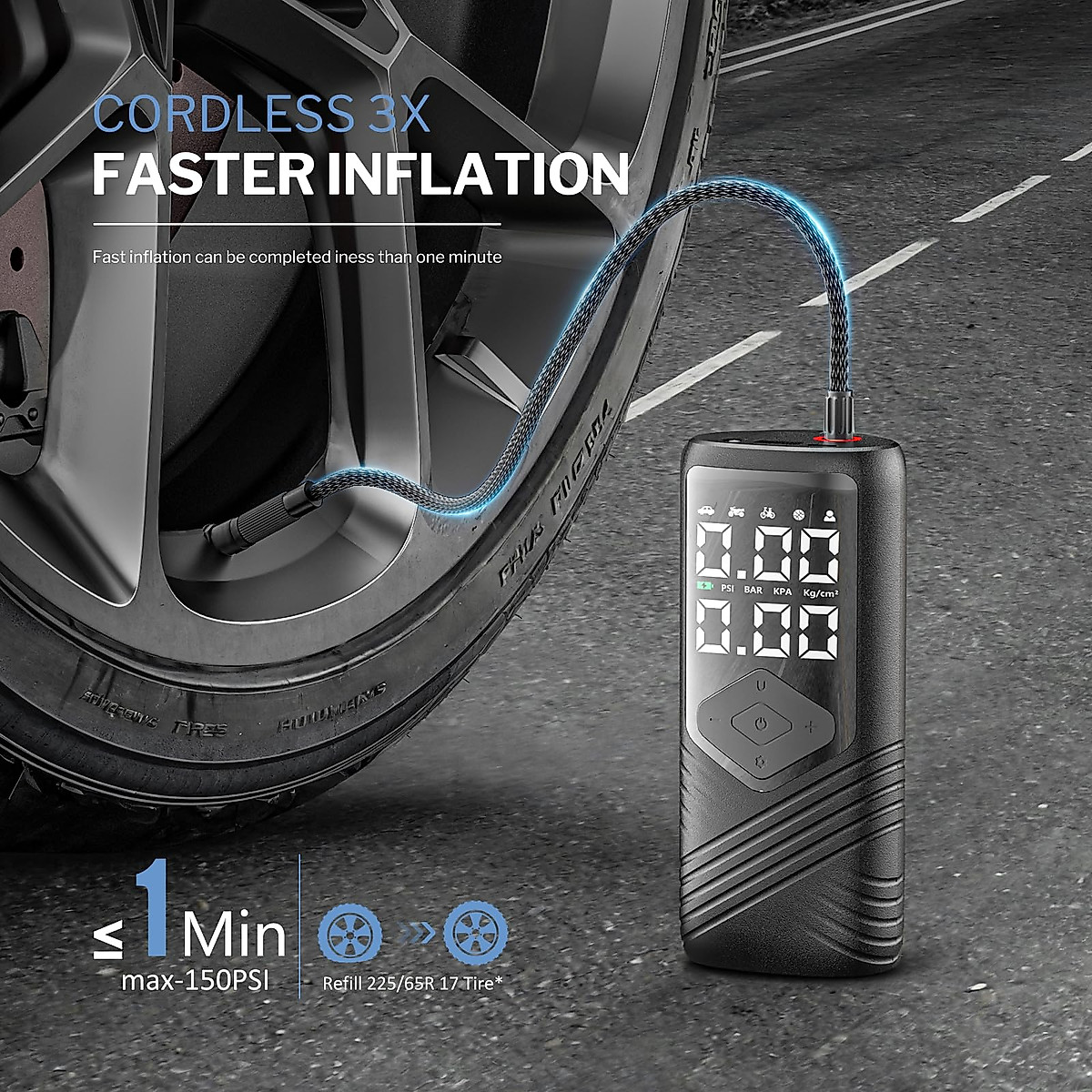 Vxdas Tire Inflator Portable Air Compressor 15000mAh Car Accessories Auto Air Pump 150PSI 3X Fast Inflation Smart Tire Pump for Car Motorcycles Bike Ball