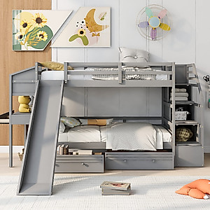 Twin Over Twin Bunk Bed with Stairs and Slide, Wooden Bunk Bed with Desk and Storage Drawers, Modern Bunked Frame for Kids Boys Girls Teens, Gray