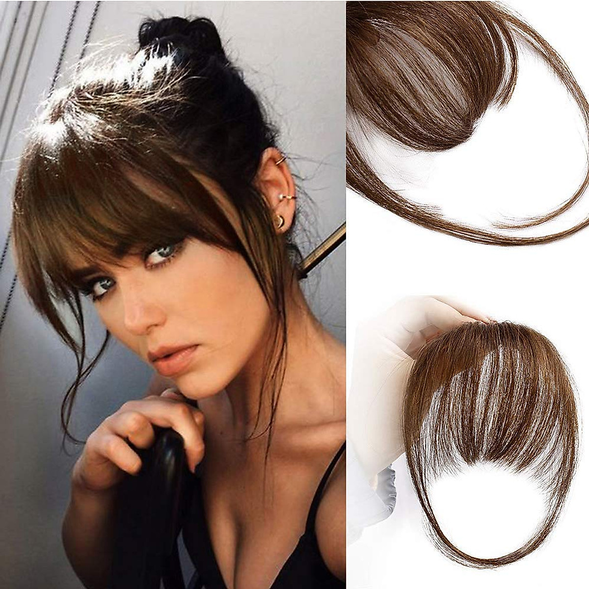 AISI QUEENS Clip in Bangs Real Human Hair Bangs Hair Clip on Bangs for Women Fake Bangs Fringe with Temples Bangs Clip Hair Extensions for Daily Wear (Wispy Bangs, Medium Brown)
