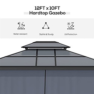 ZHYHSM-111 10x12 Hardtop Gazebo Aluminum Frame Gazebo, Polycarbonates Gazebo Canopy with Curtains for Patio Lawn and Garden