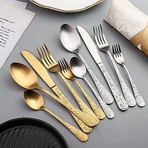 Matte Silverware Set for 8 Premium Stainless Steel Flatware Set Delicate Engraved Floral Decoration 40 Piece Include Knives Forks and Spoons Cutlery Utensils Set for Home Kitchen Party