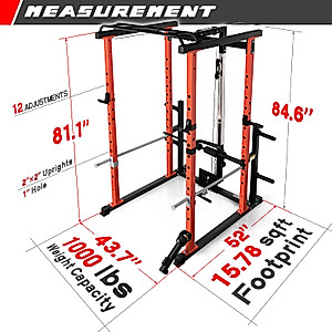 RitFit Squat Rack Power Cage Home Gym Package, Includes 1000LBS Power Rack with LAT Pull Down, Weight Bench, Rubber/Bumper Plates Set with Olympic Barbell (Package 1.6K (Bumper Plate 230LBS))-Orange