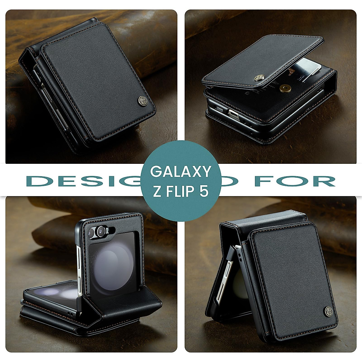 Kowauri for Samsung Galaxy Z Flip 5 Case with Card Holder, Galaxy Z Flip 5 PU Leather Wallet Case with RFID Blocking Card Slot Magnetic Closure Shockproof Protective Phone Cover for Women Men, Black