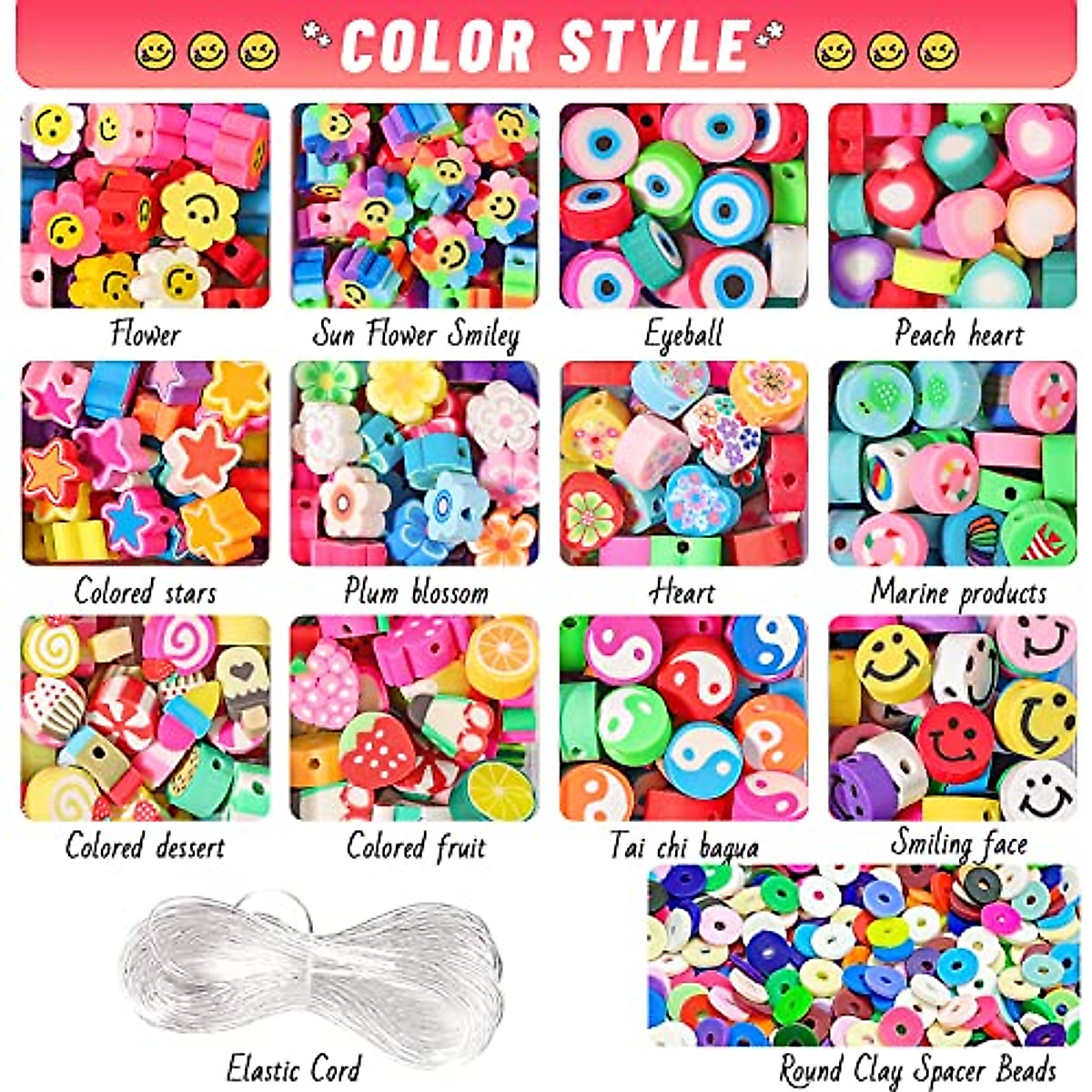 1140Pcs Flower Smiley Face Beads Polymer Clay Bead Kit Include y2k Mixed Fruit Spacer Trendy Clay Beads Charms for Jewelry Making, Bracelet Making Kit Accessories for Women Girls